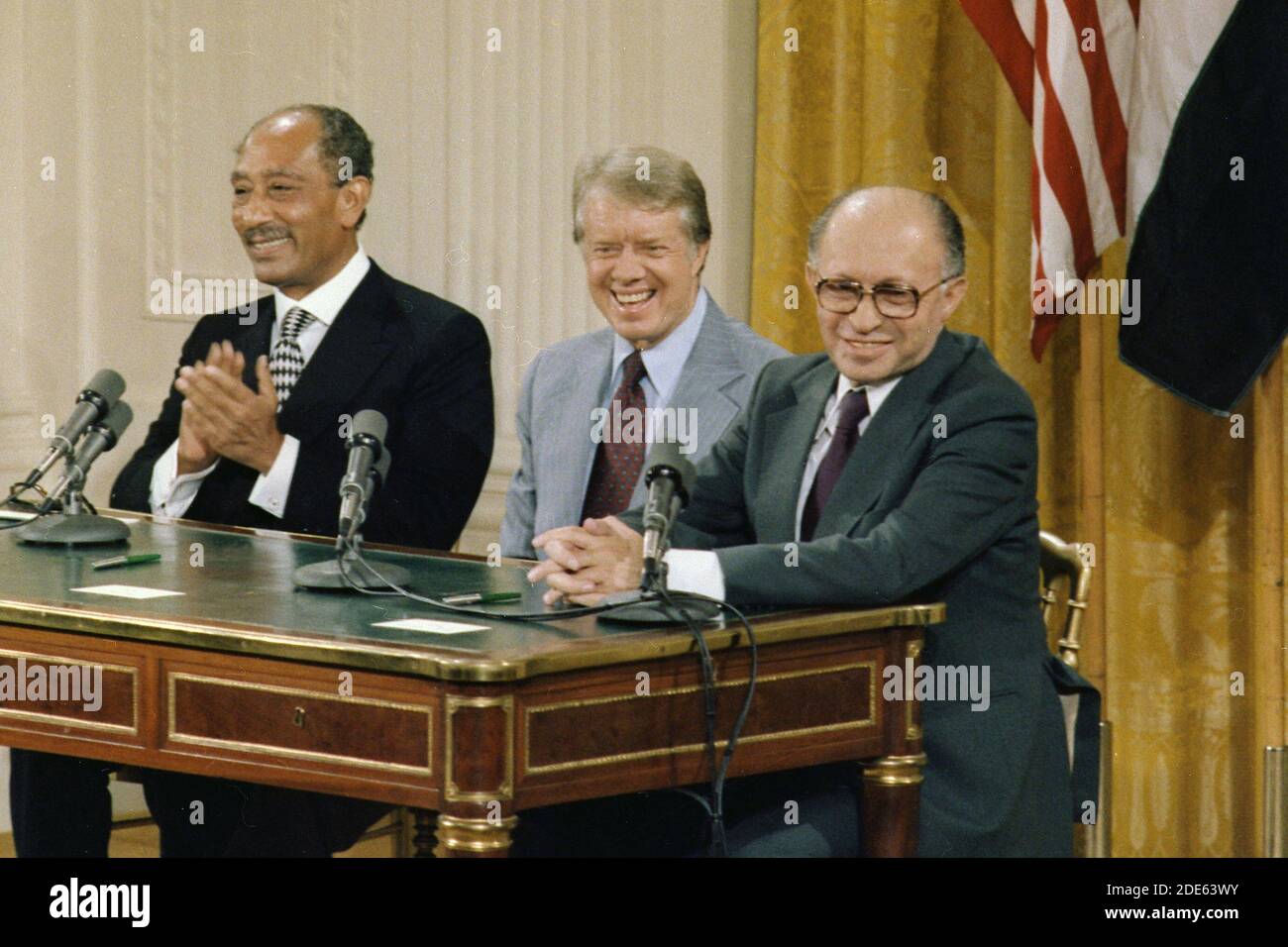 "Anwar Sadat, Jimmy Carter and Menahem Begin at the Camp David Accords ...