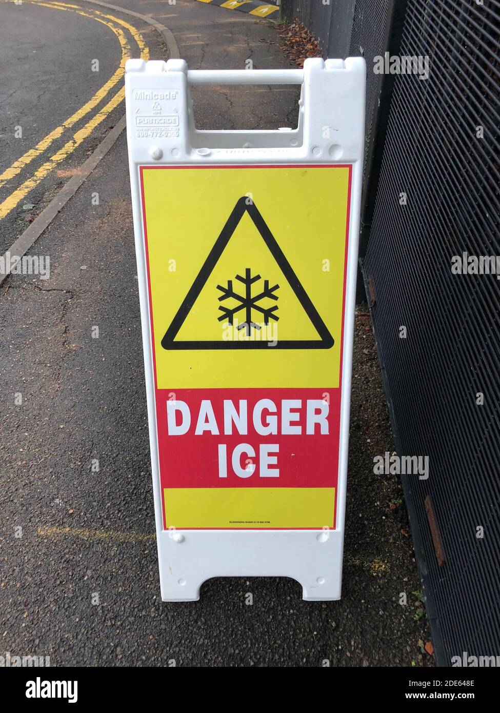 A close up view of a danger ice sign used for wert and slippery areas ...