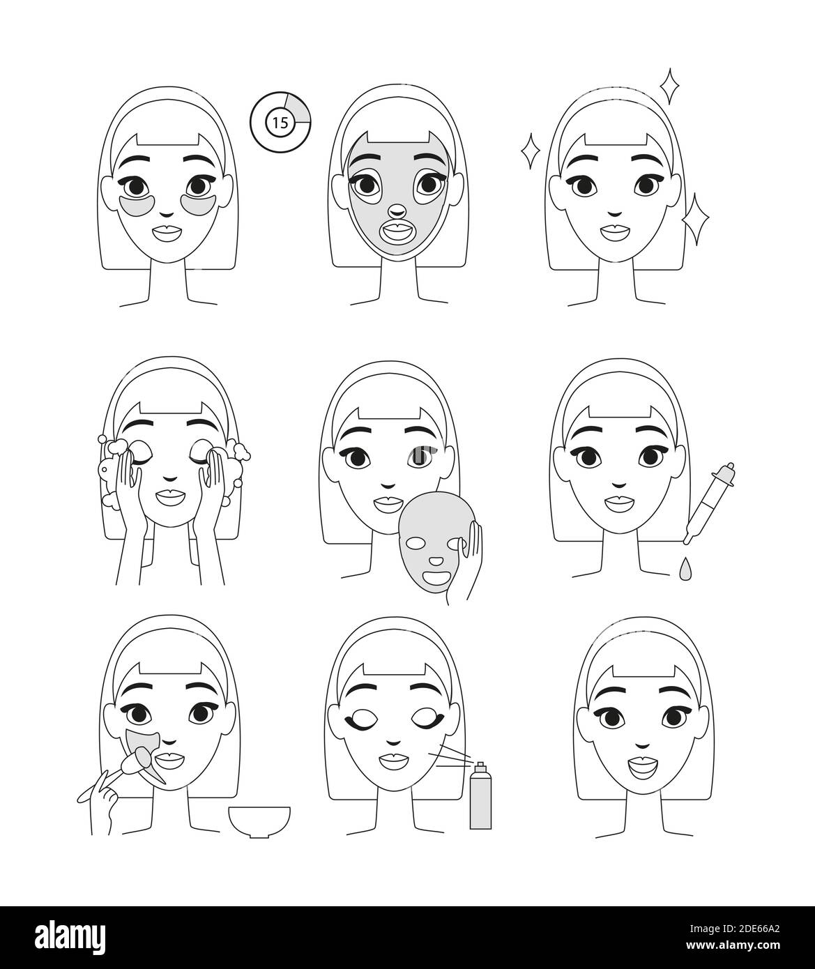 Vector illustration of instruction how to use cosmetic mask. Young ...