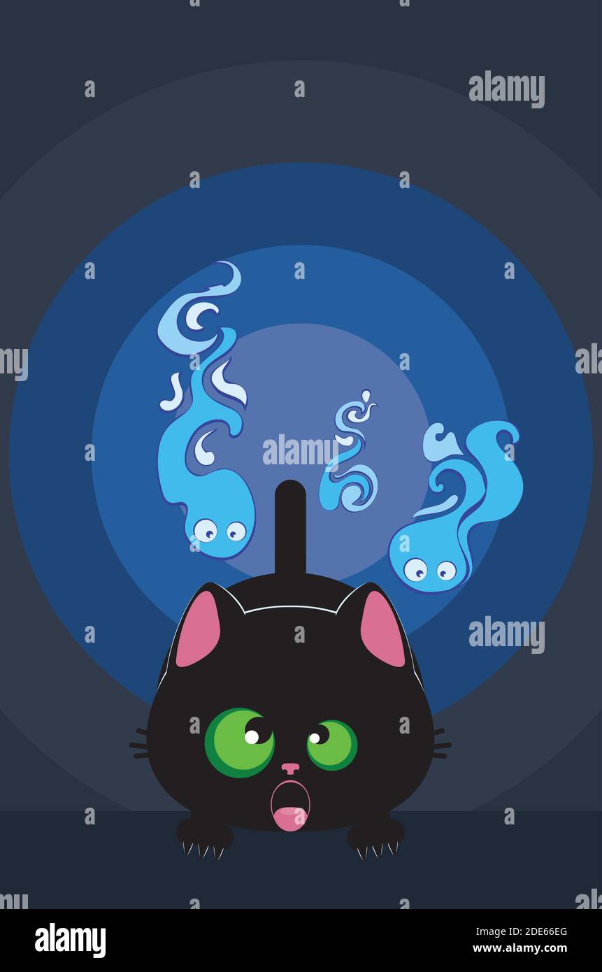 Cute cartoon frightened black cat and ghost wisps background Stock ...
