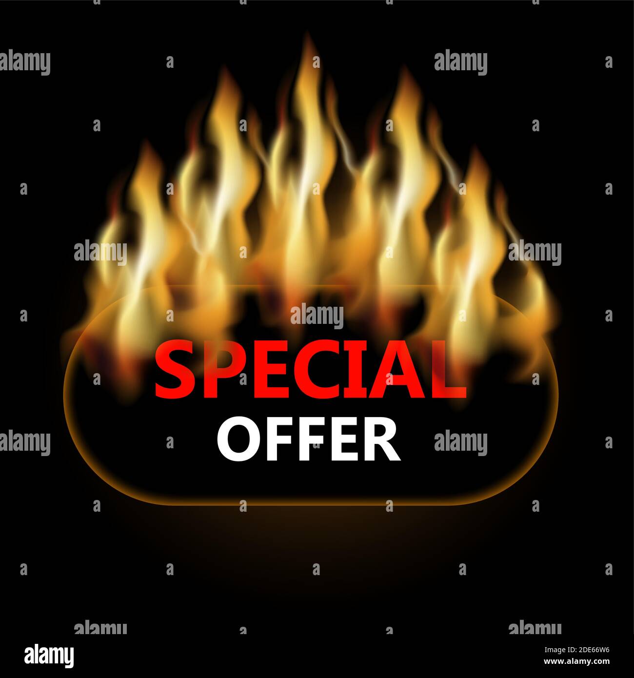 Special offer price label, flammable badge in orange fire. Consumerism ...