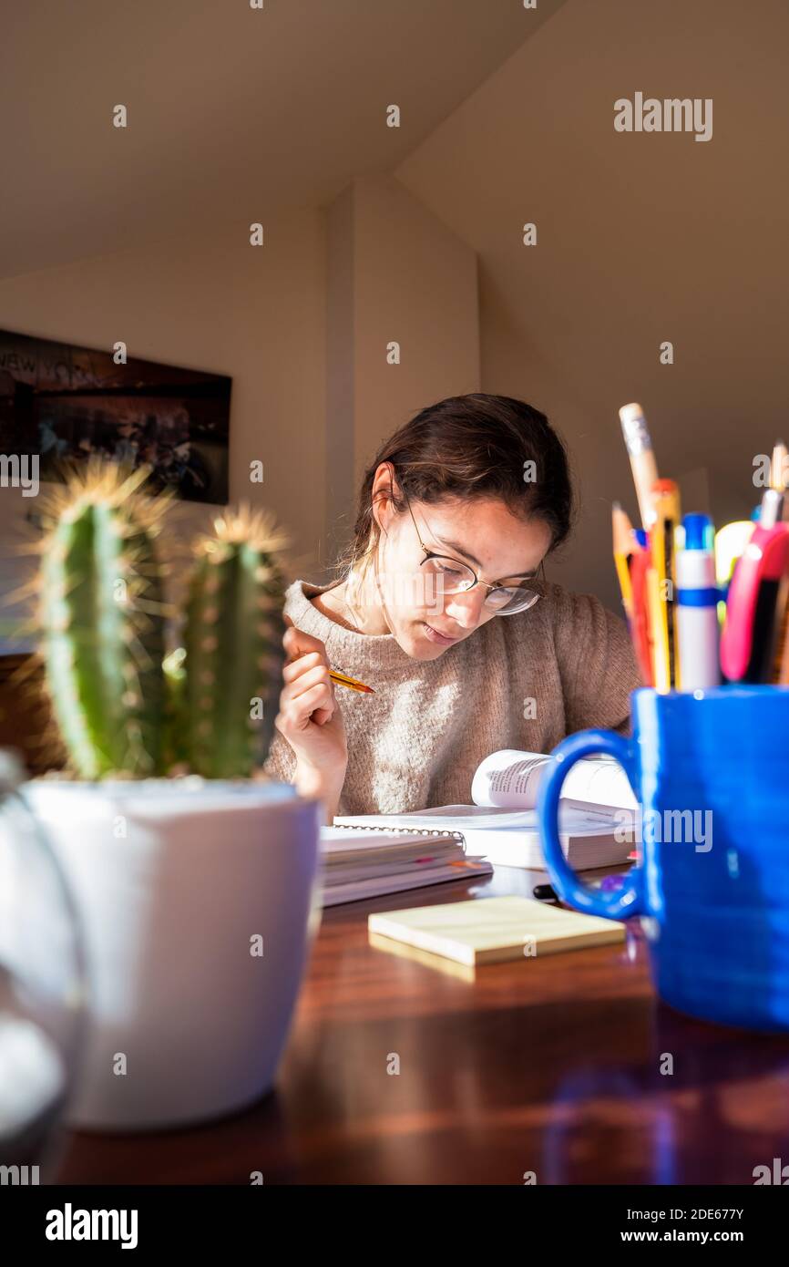 Young female student focused on her desk in the bedroom, studying at ...