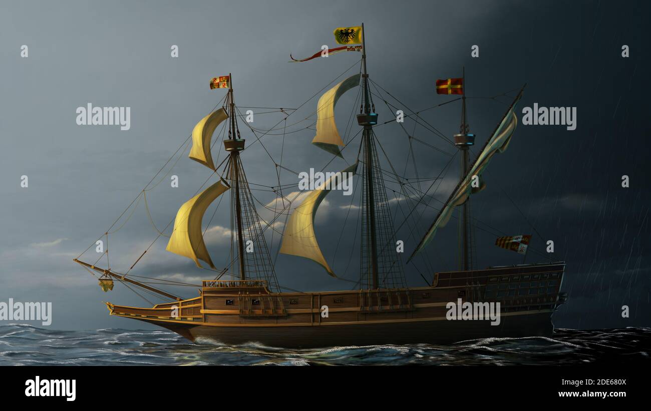 Sailboat on the dramatic open sea under the coming storm. 3D render ...