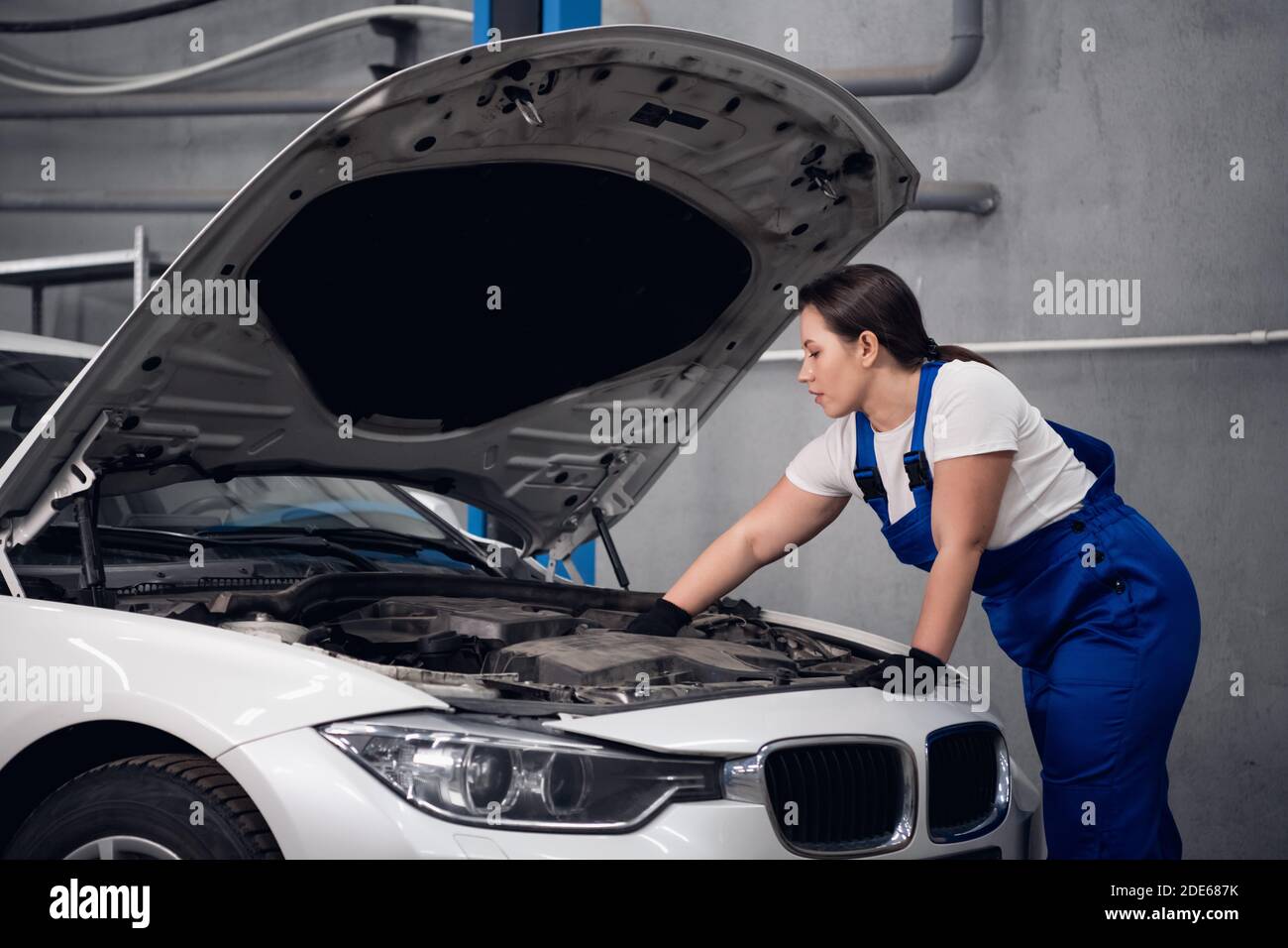Workshop worker inspects the engine of a car Stock Photo - Alamy