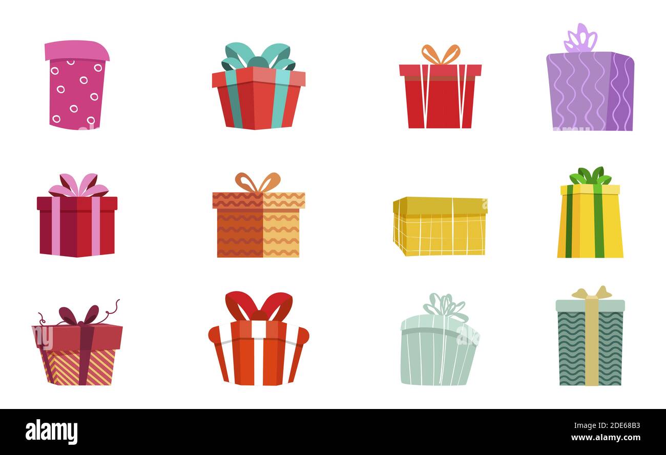 Set of gift with bow cartoon flat collection. Vector gift present box ...