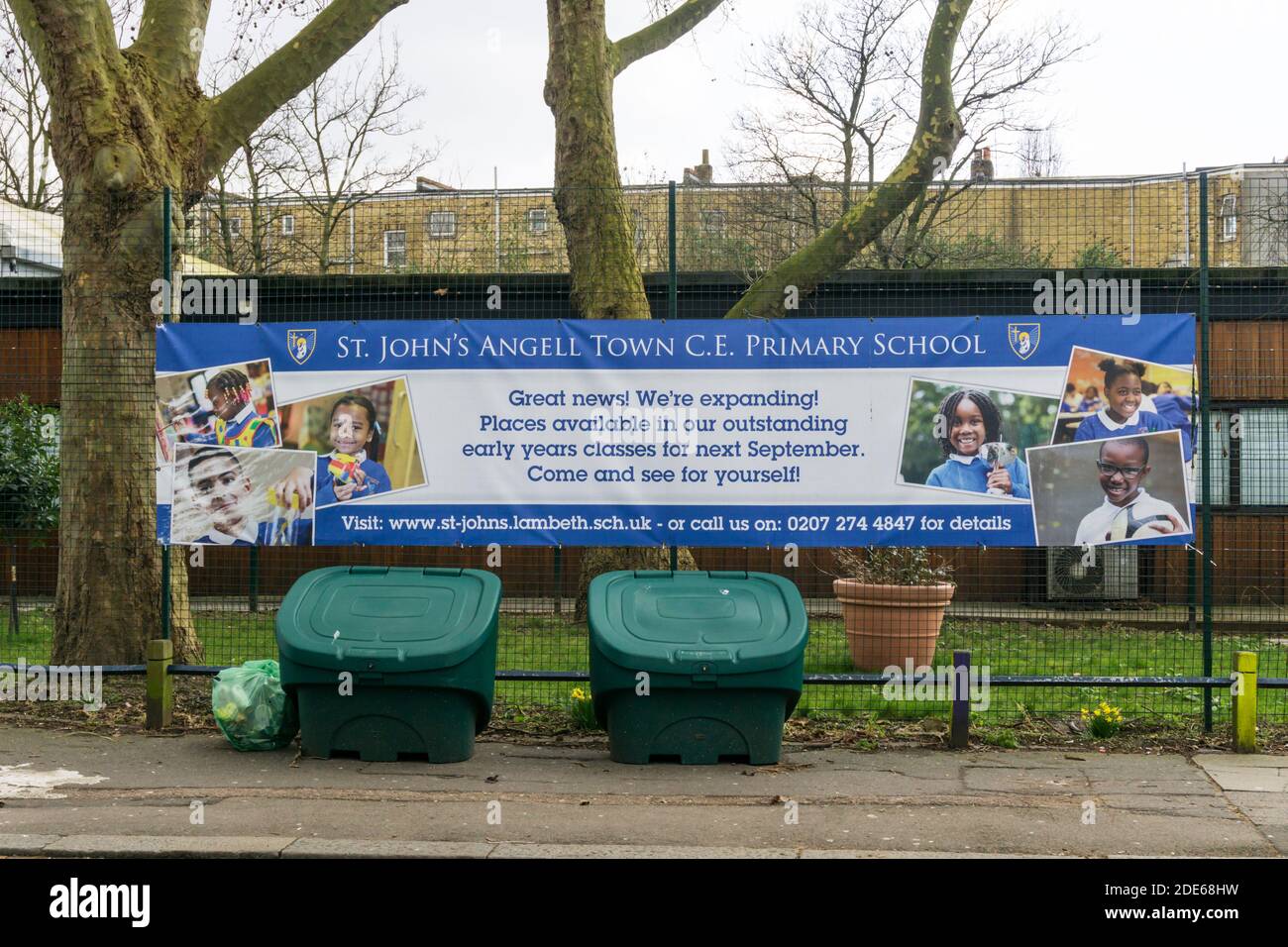 A banner for St John's Angell Town C.E. Primary School in Brixton Stock ...