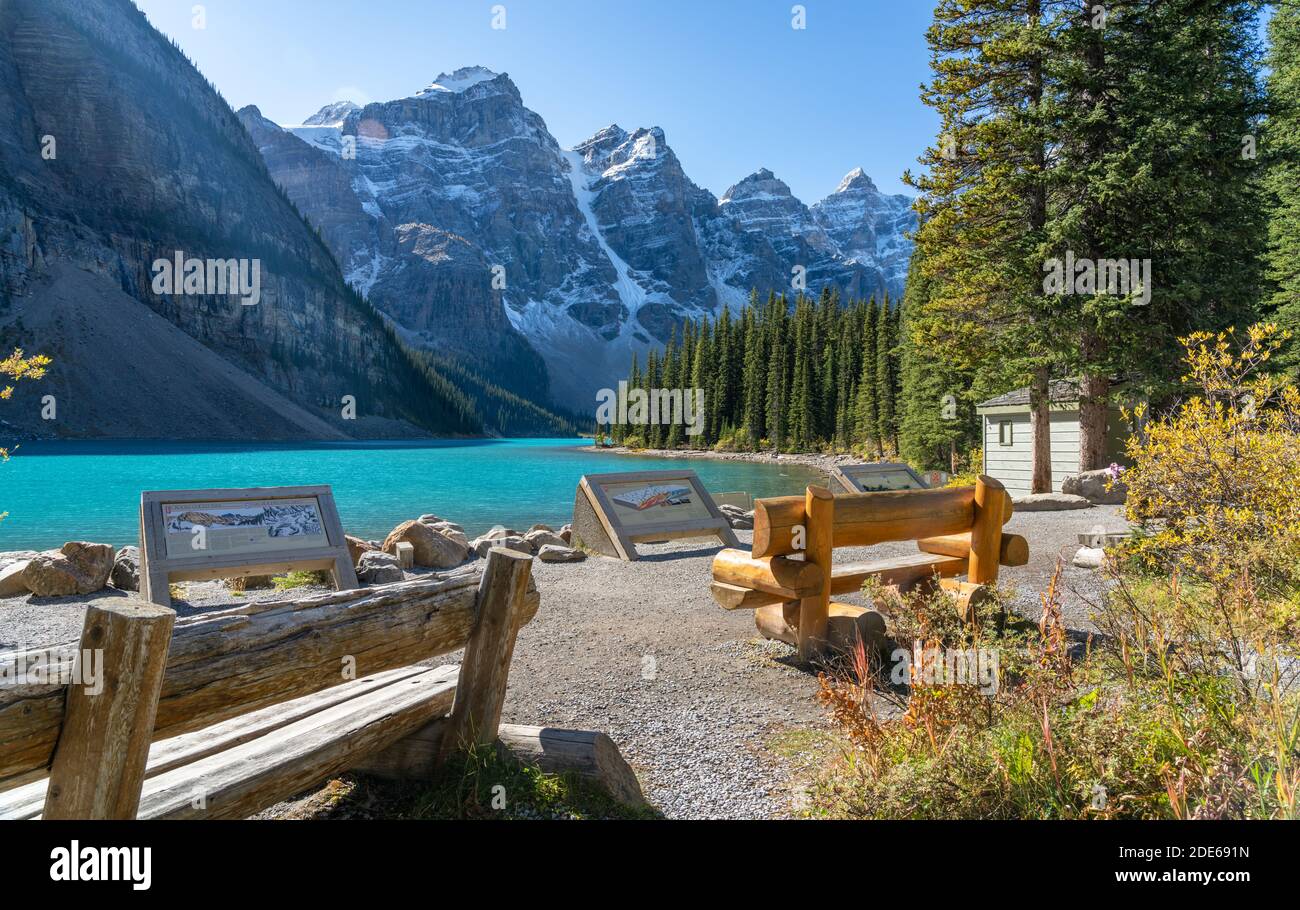 Moraine lake lakeshore trail in summer sunny day morning. Beautiful landscape in Banff National ...