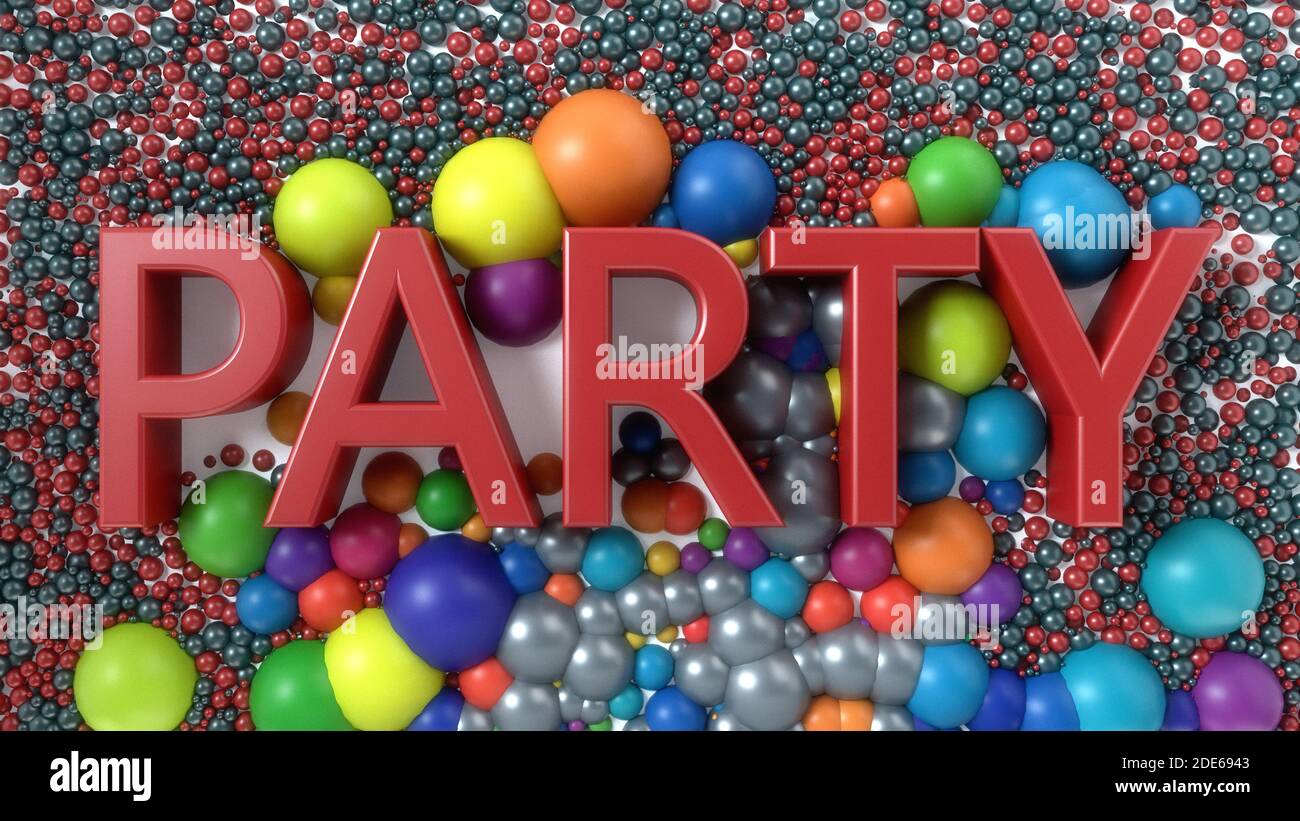 3d render. Party text and spheres Stock Photo - Alamy