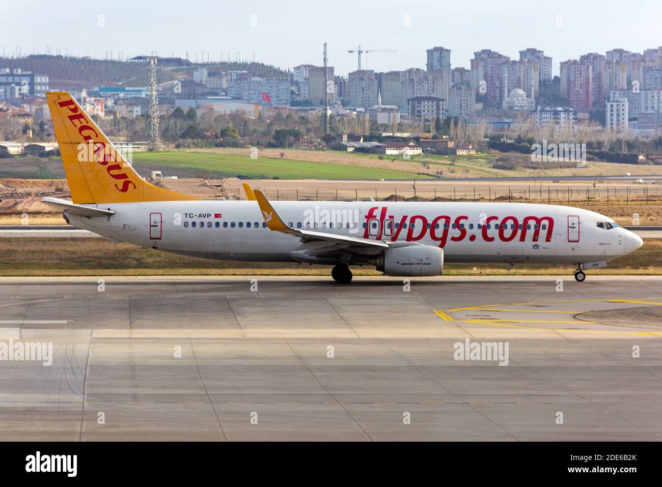 Boeing 737-800 type plane on the airport taxiway waiting to take off ...