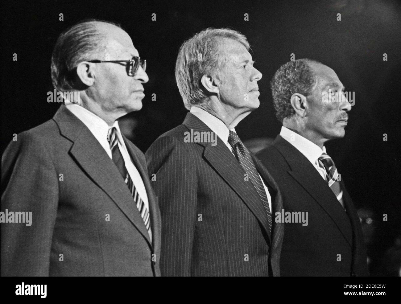 "Close up of Menahem Begin, Jimmy Carter and Anwar Sadat at Camp David ...