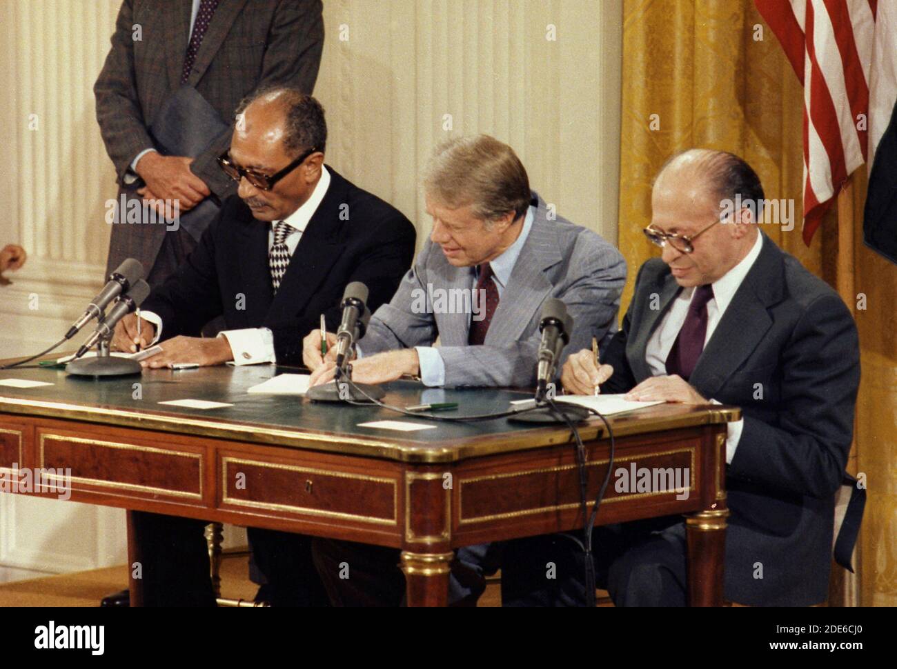"Anwar Sadat, Jimmy Carter and Menahem Begin at the Camp David Accords ...