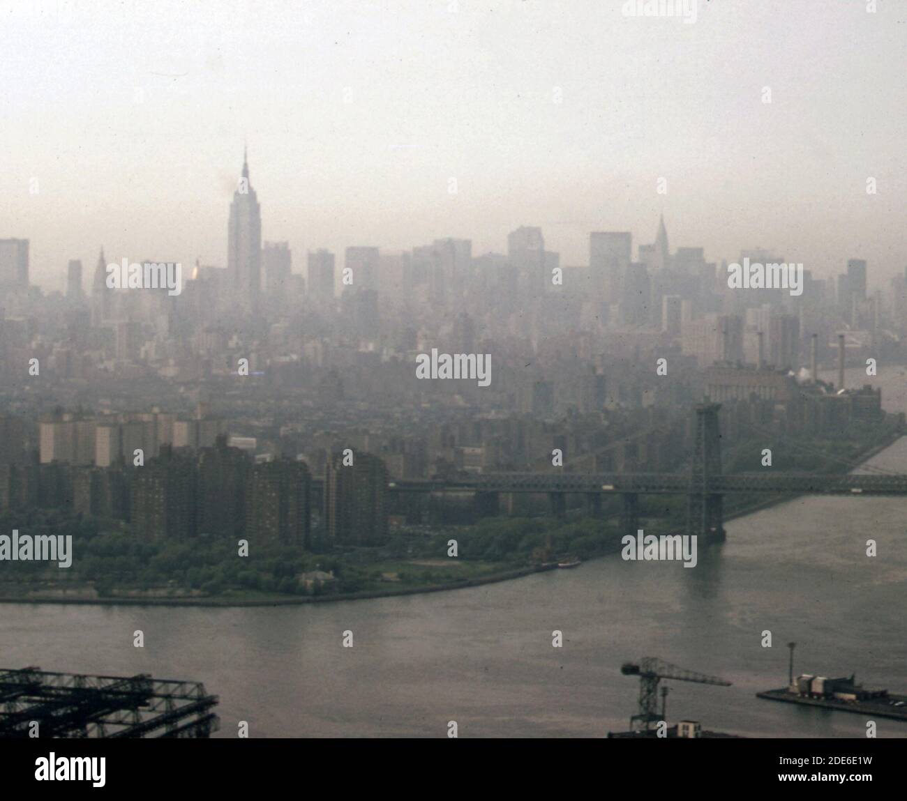 Lower Manhattan skyline and Brooklyn bridge on the East River ca. 1973 ...