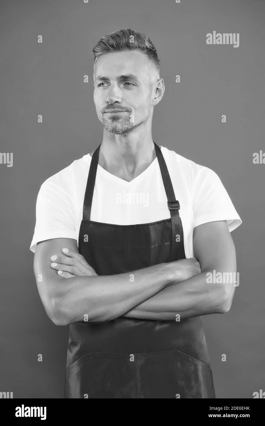Cafe staff. Barista worker. Man cook wear apron. Mature barista ...