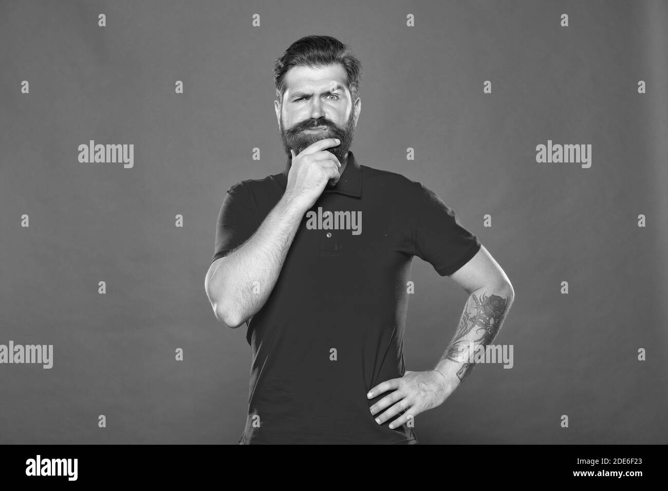 Having idea. Cognitive process. Intellectual work. Man with beard ...