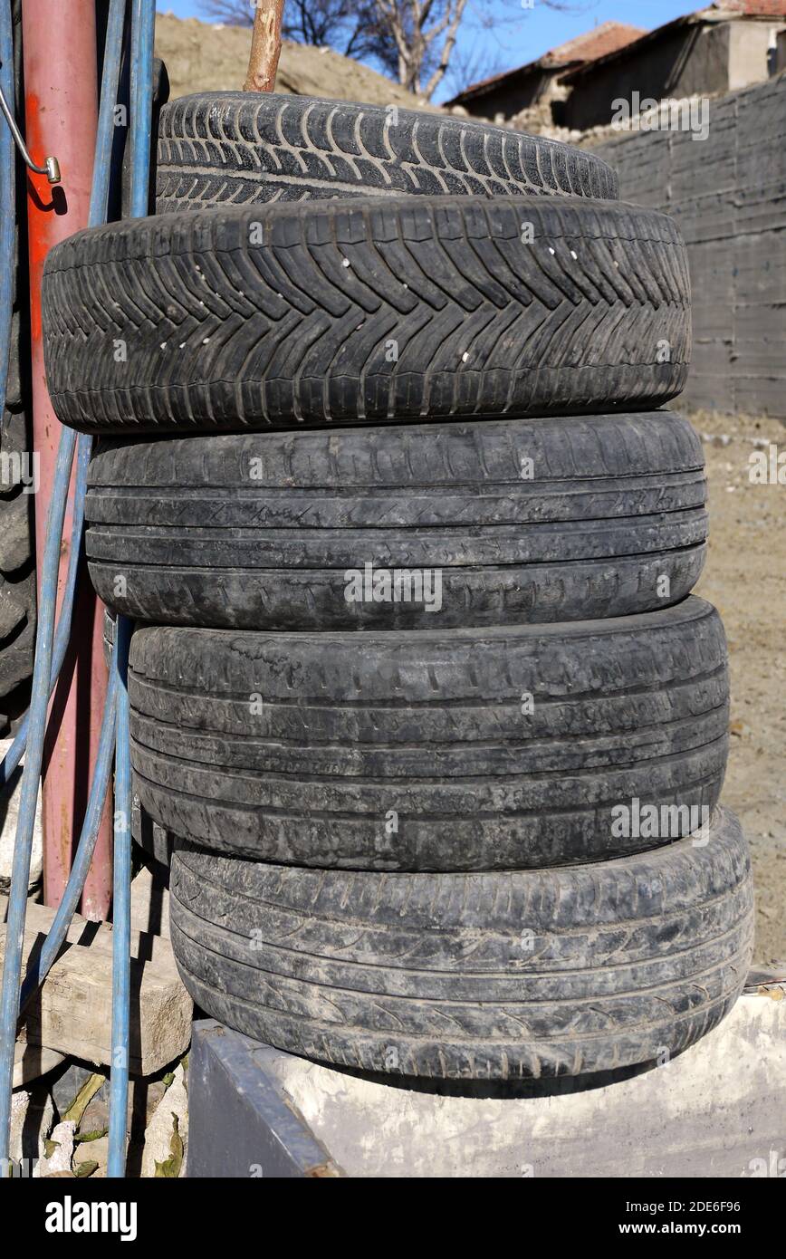 old car tires from tire repair shop, car tire tires for recycling Stock ...