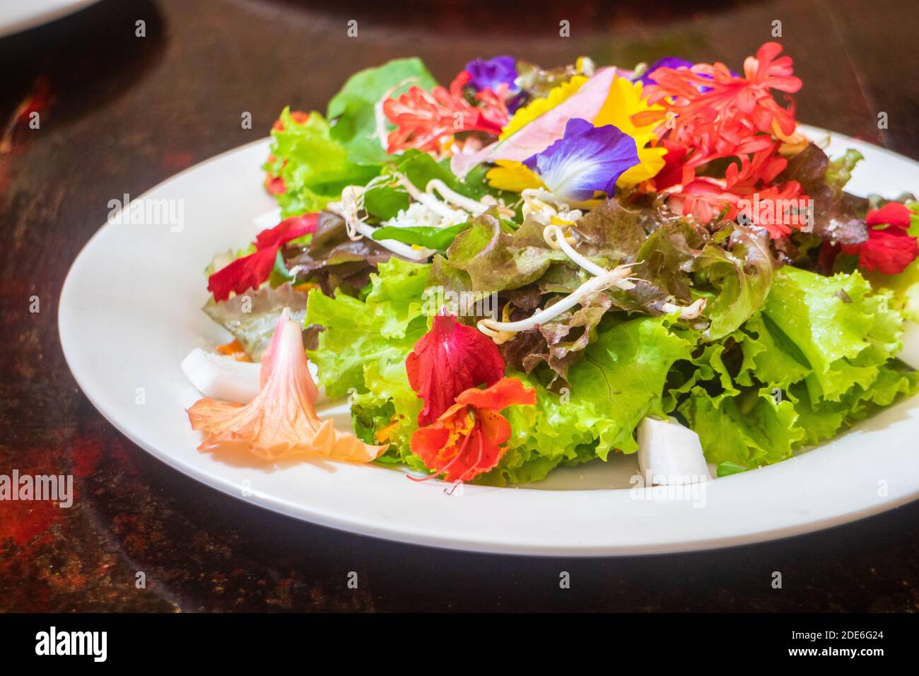 Colorful salad with edible flowers at a restaurant in Bohol ...
