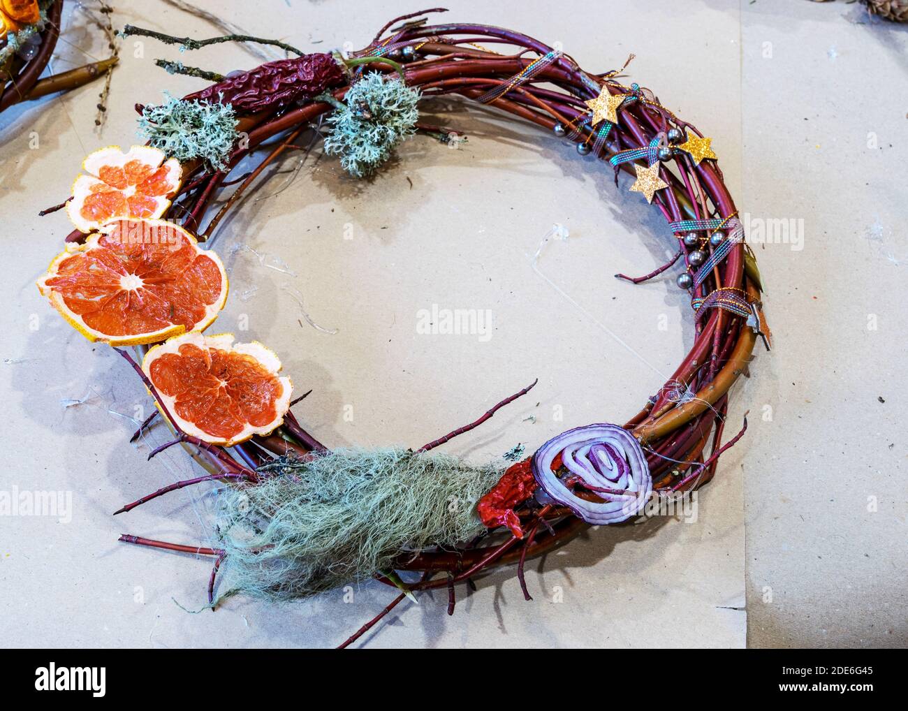 prepared Christmas wreaths made of dried citrus, needles, twigs and ...