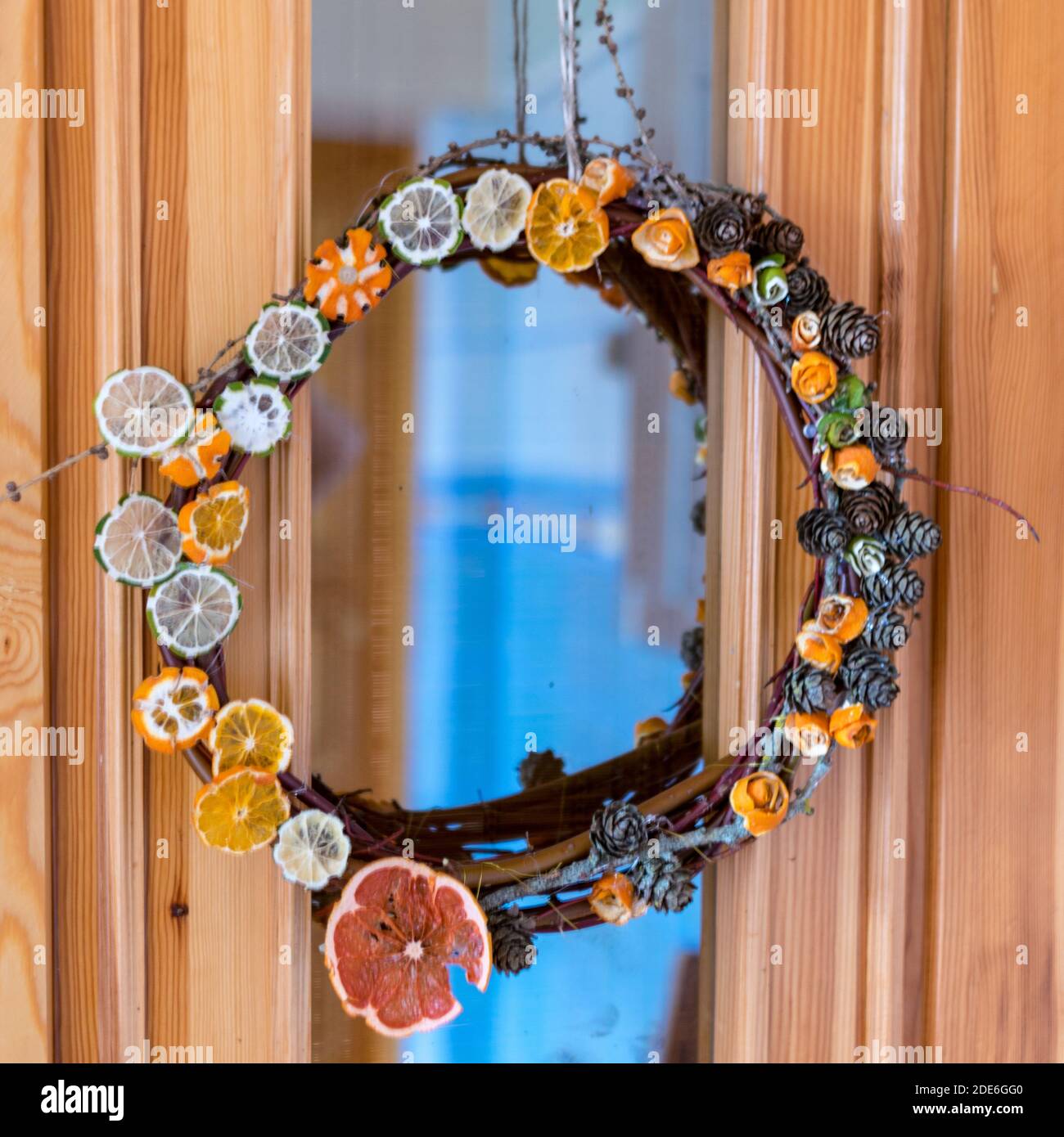 prepared Christmas wreaths made of dried citrus, needles, twigs and various herbs. Christmas ...