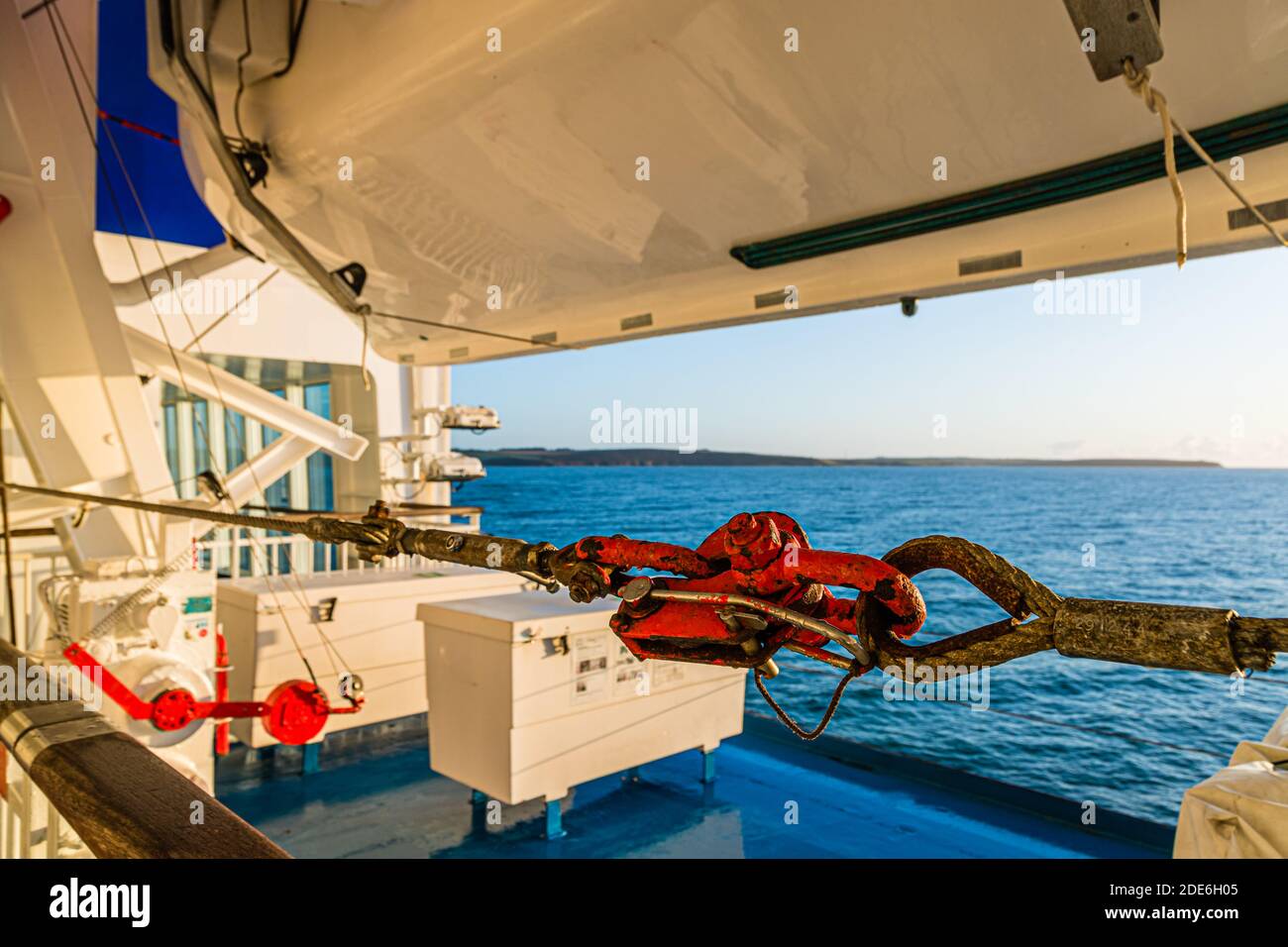 Locking hook of a lifeboat on Brittany Ferries' Pont Aven ferry Stock ...
