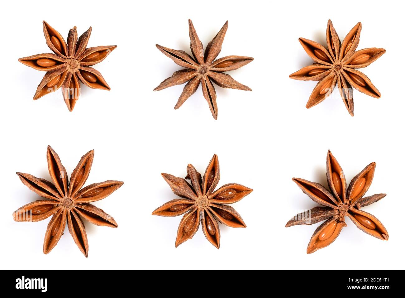 Star anise. Set of six star anise fruits. Close-up Isolated on white ...