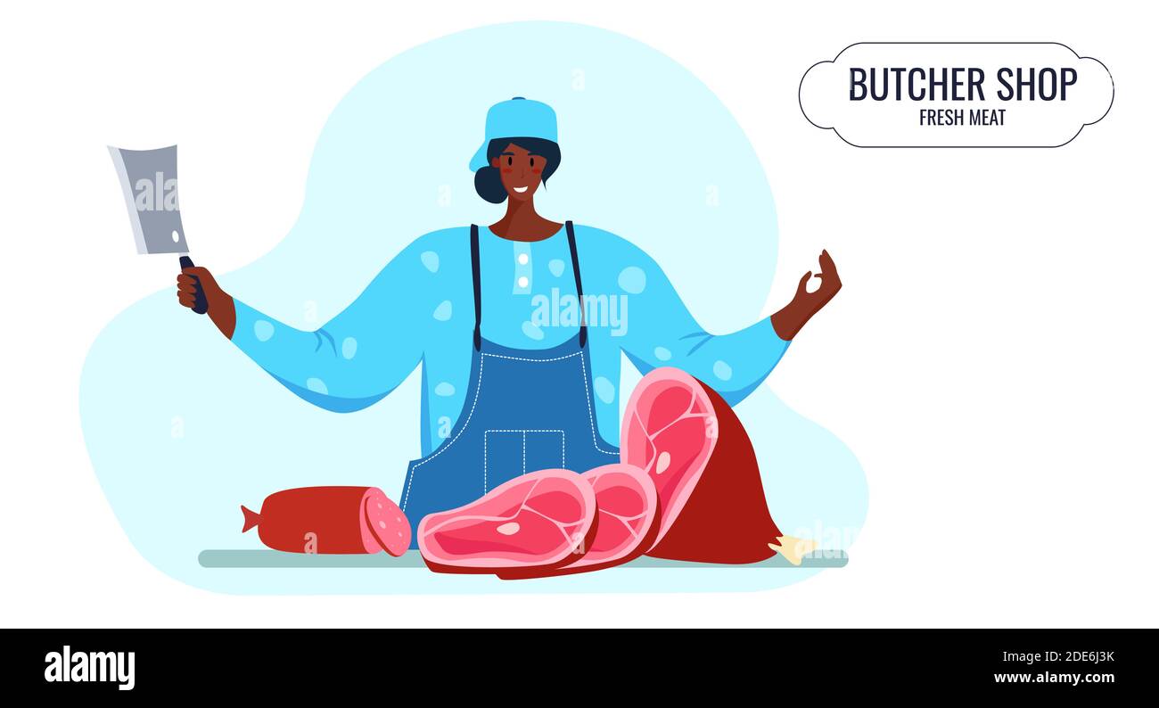 Butcher african woman. Female profession. Feminism. Fresh meat and meat ...