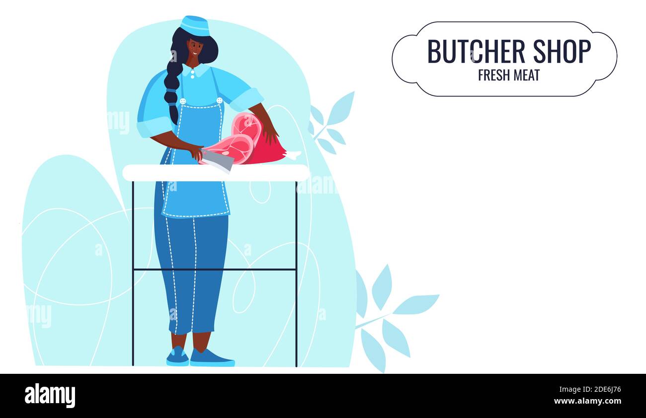 Butcher african woman. Female profession. Feminism. Fresh meat and meat ...