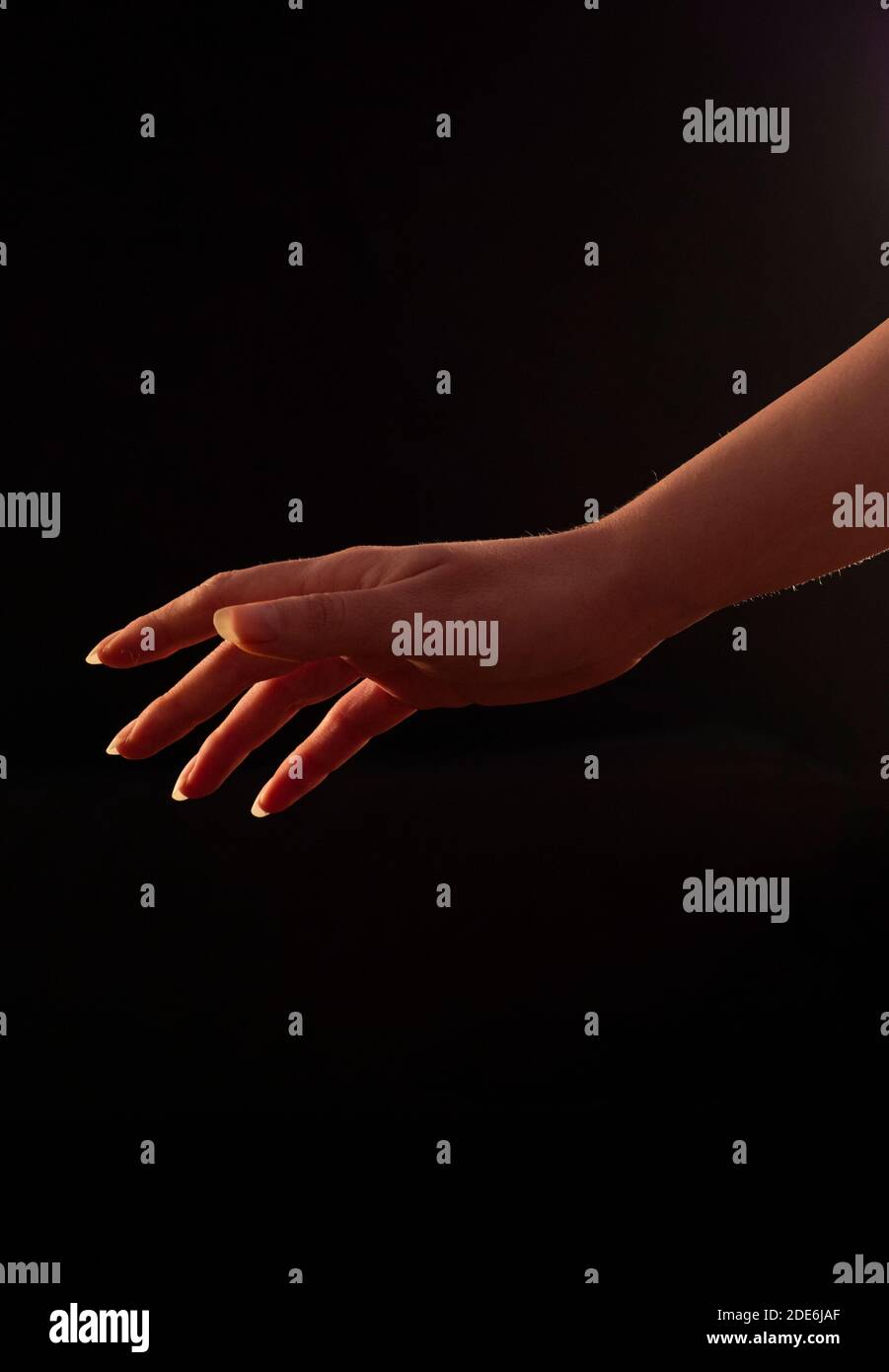 Beautiful Woman's Hand in Rim Ligh as i reaching for somethingt Stock ...