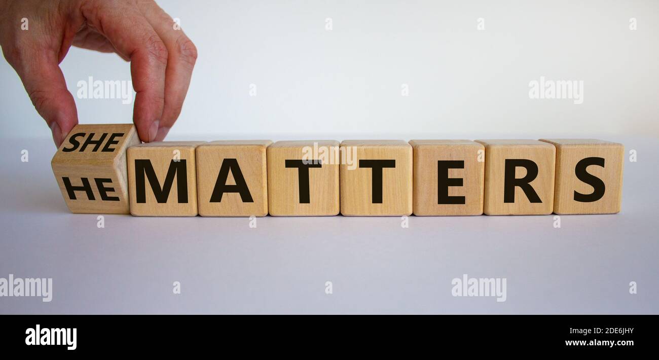 All gender matters. Hand turns a cube and changes the words 'he matters ...