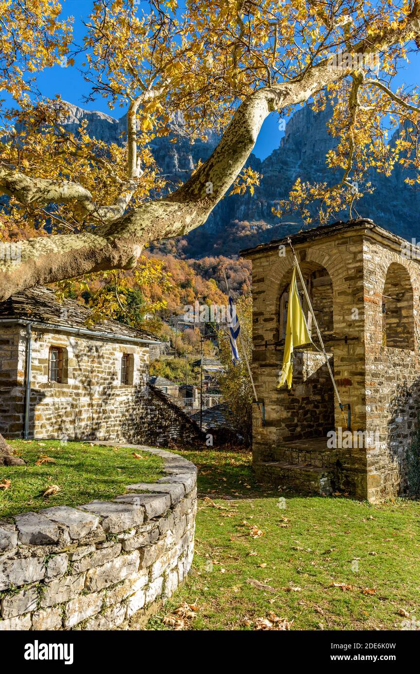 Taxiarchon stone bell tower church during fall season in the ...