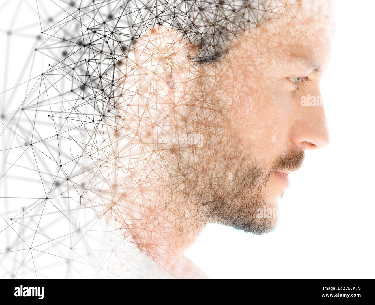 A man's profile portrait combined with digital art on white background ...