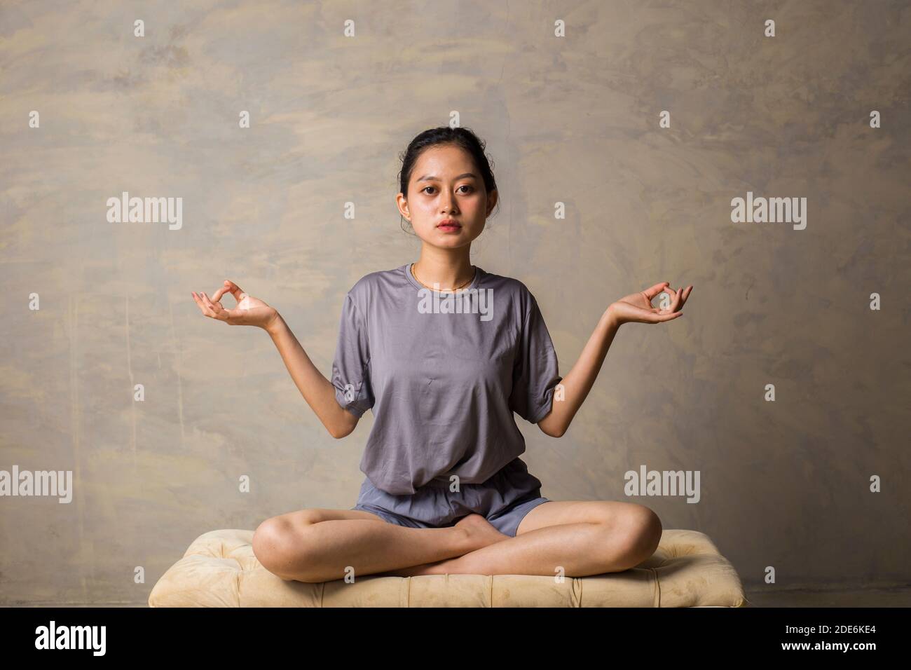 Asian Woman Do Yoga Practice Meditating Indoors Lotus Position No
