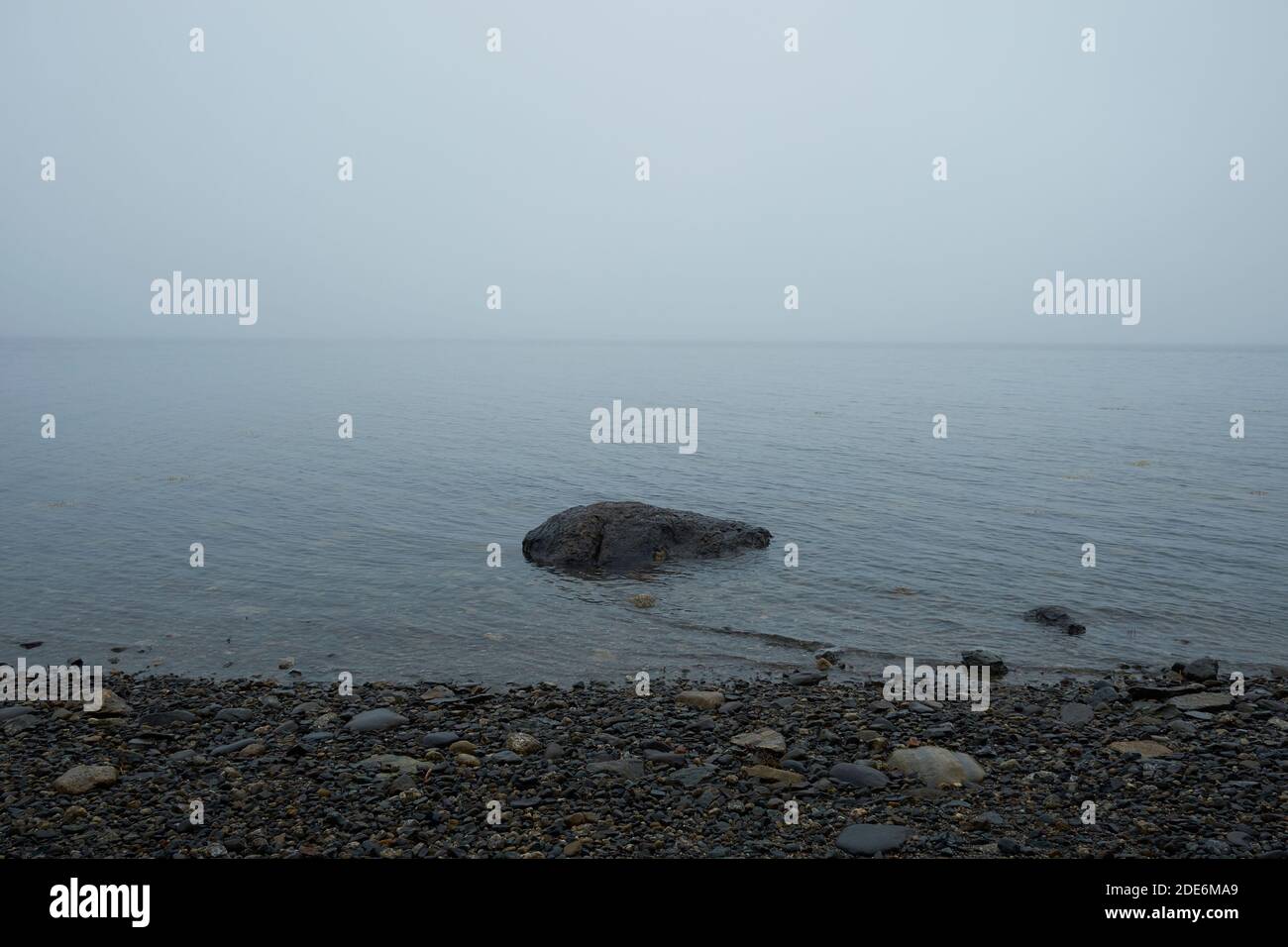 A lone rock sits in the receding tide of Union River Bay on a misty ...