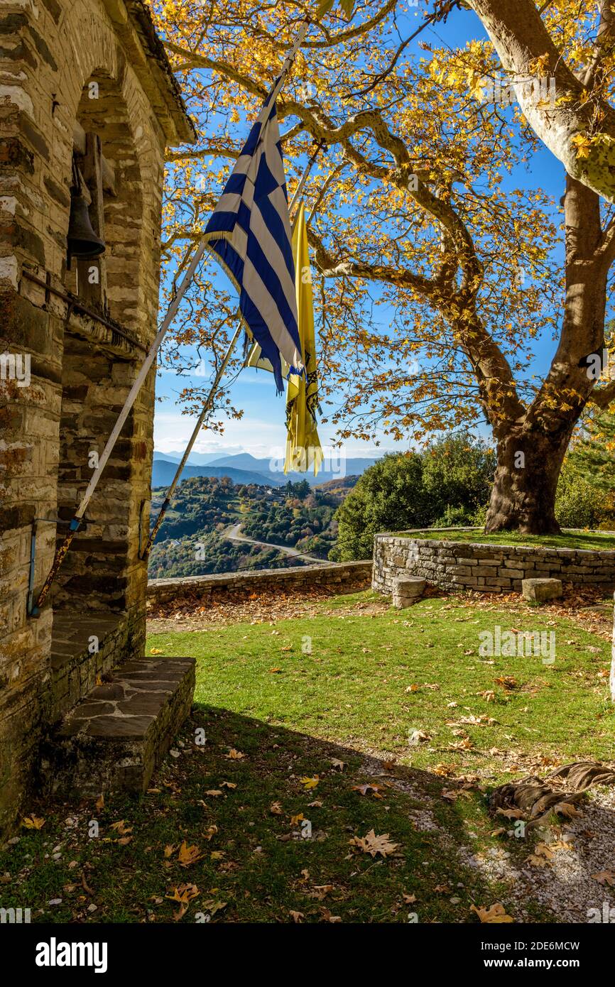 Taxiarchon stone bell tower church during fall season in the ...