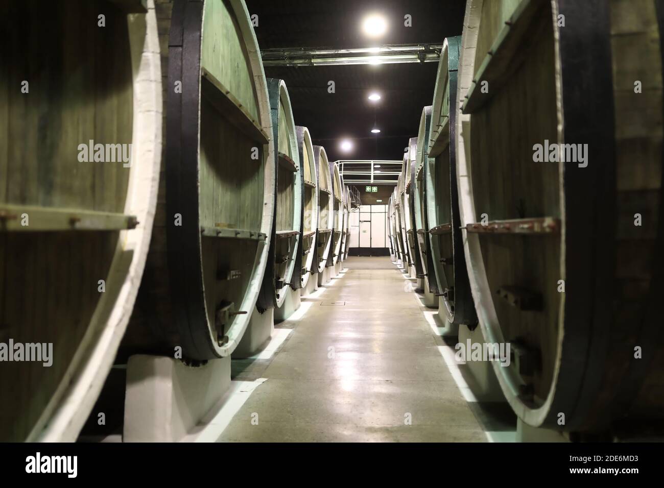 View of big wooden barrels at winery Stock Photo - Alamy