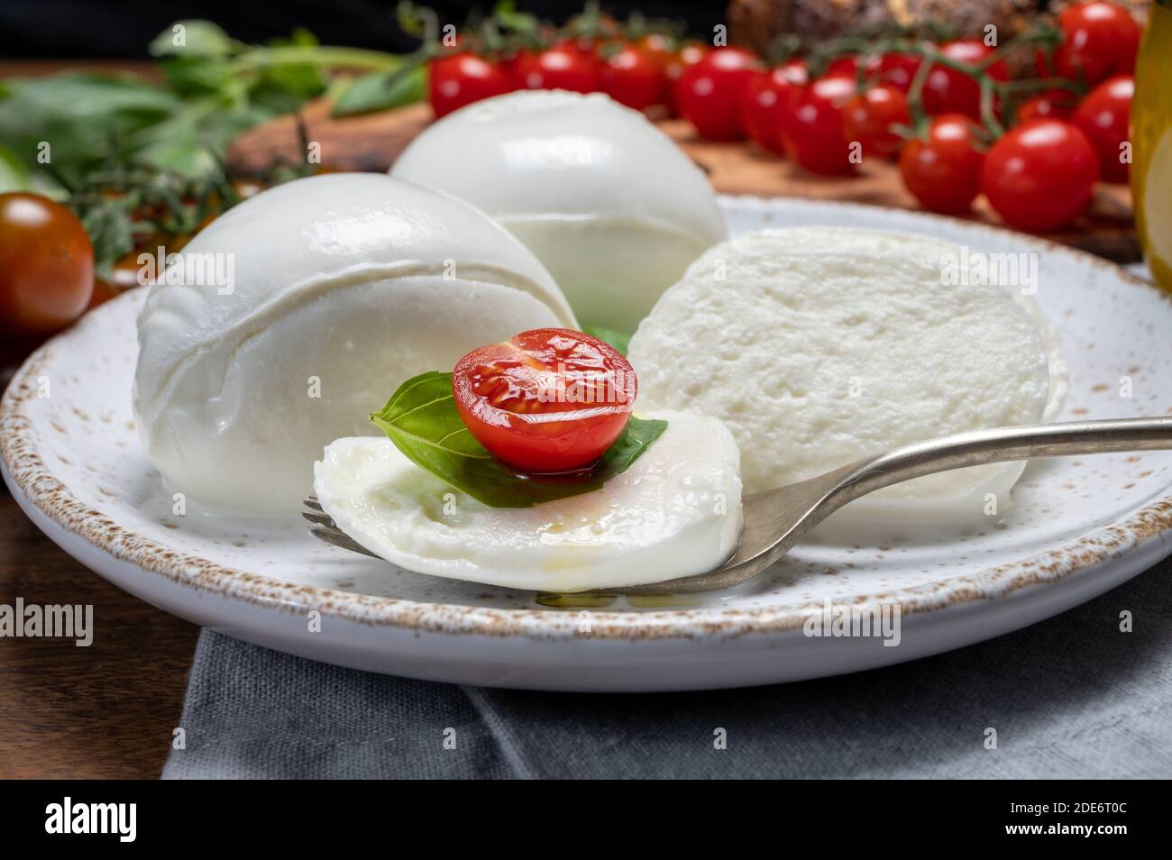 Cheese collection, eating of white soft Italian cheese mozzarella ...