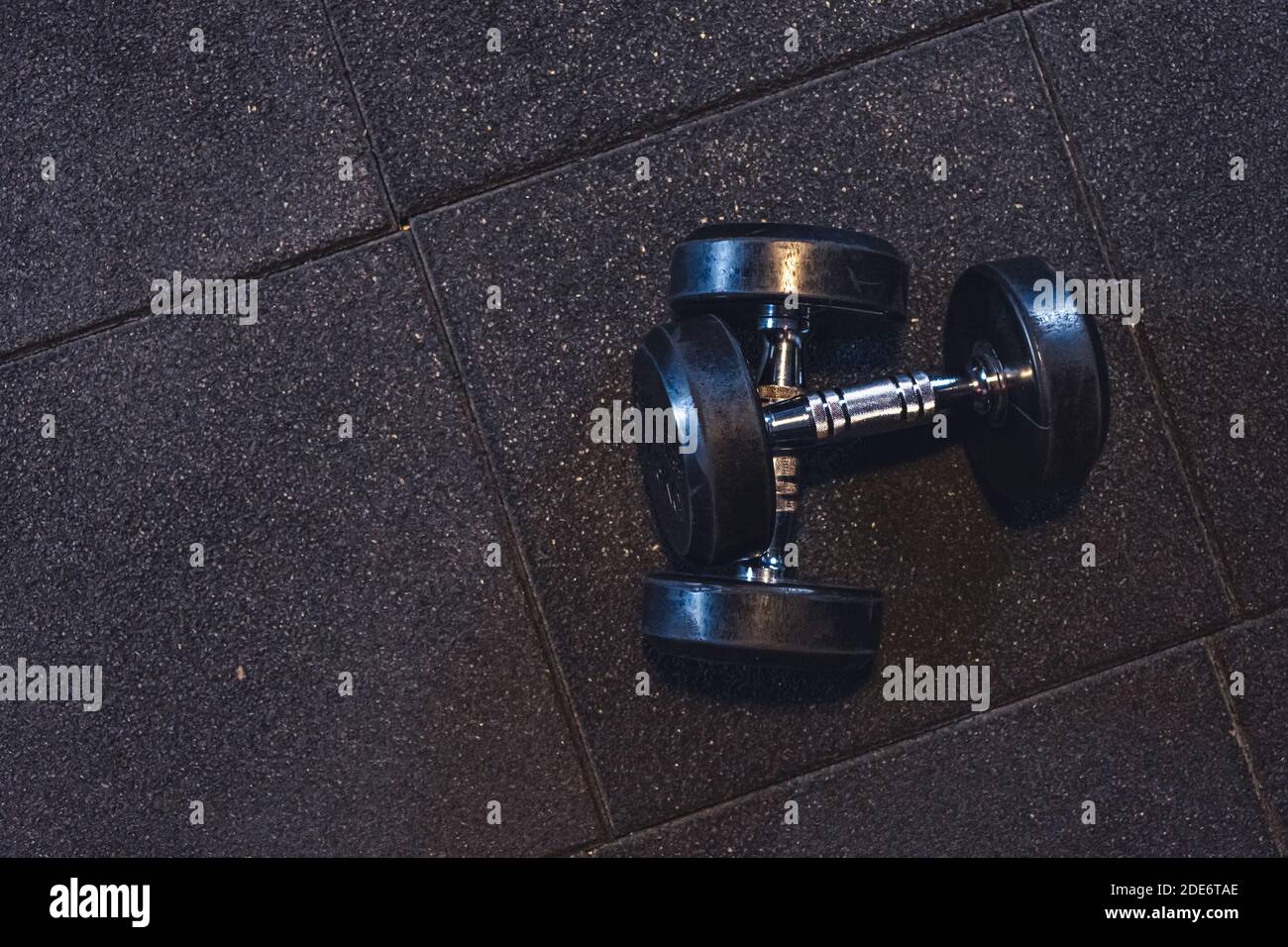 two iron dumbbells in gym gary background workout Stock Photo - Alamy