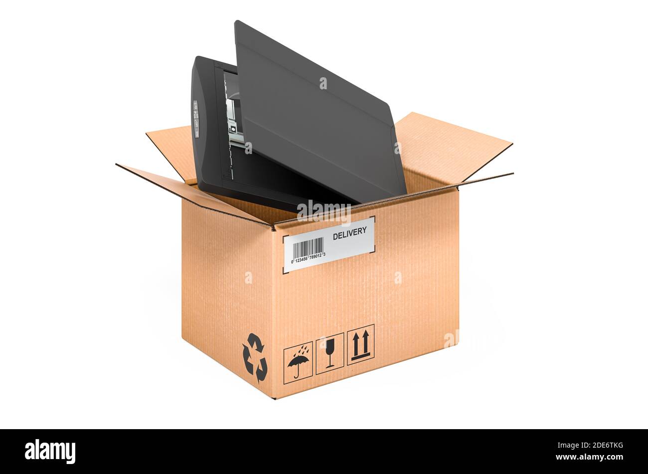 Scanner inside cardboard box, delivery concept. 3D rendering isolated ...