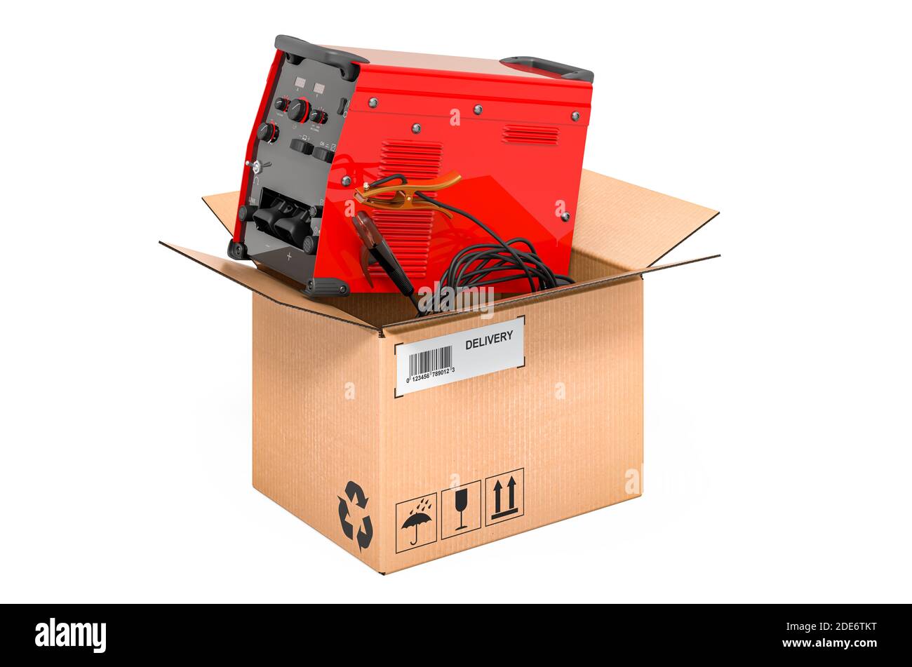 Multi-process welder machine inside cardboard box, delivery concept. 3D ...