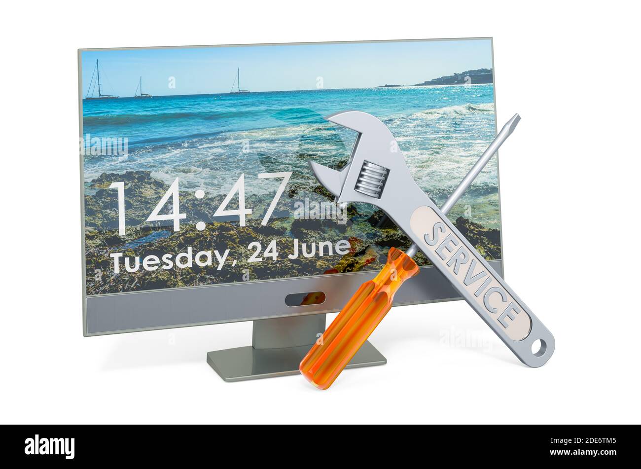 Service and repair of computer monitor, 3D rendering isolated on white ...