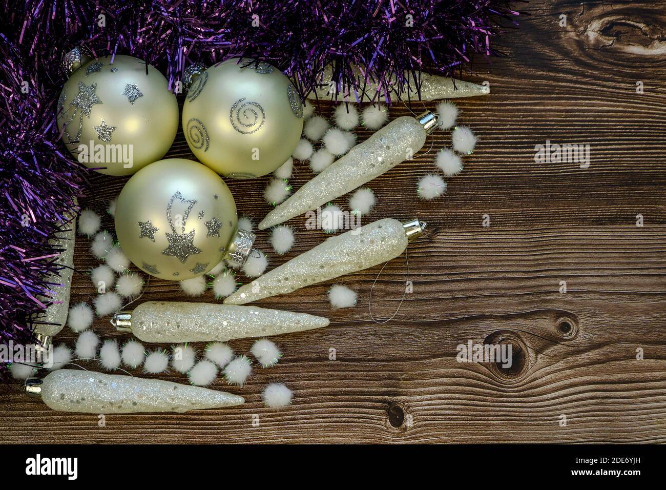 Silver White Christmas balls with icicles and decorative small snow ...