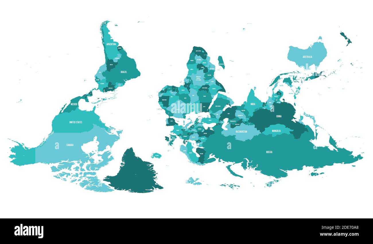 Reversed or upside down political map of World. South-up orientation ...
