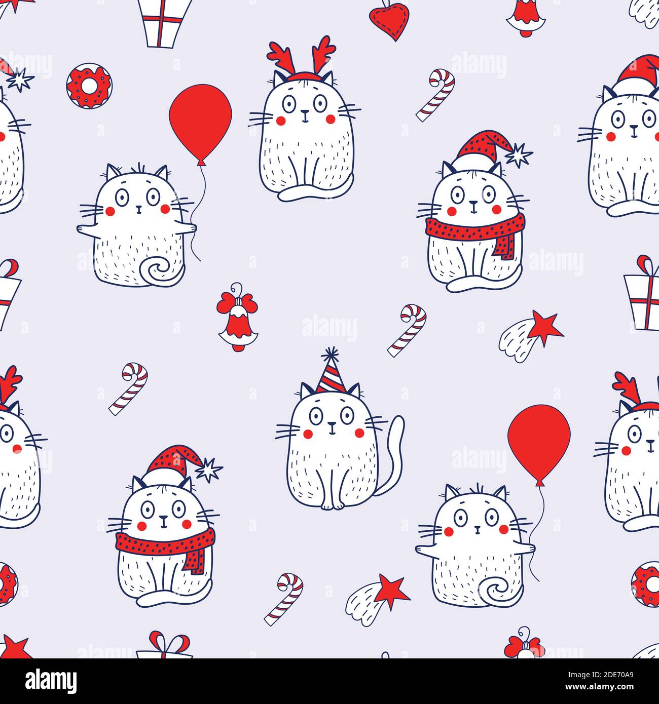 Seamless patterns. Festive white cats with a balloon, a hat with ...
