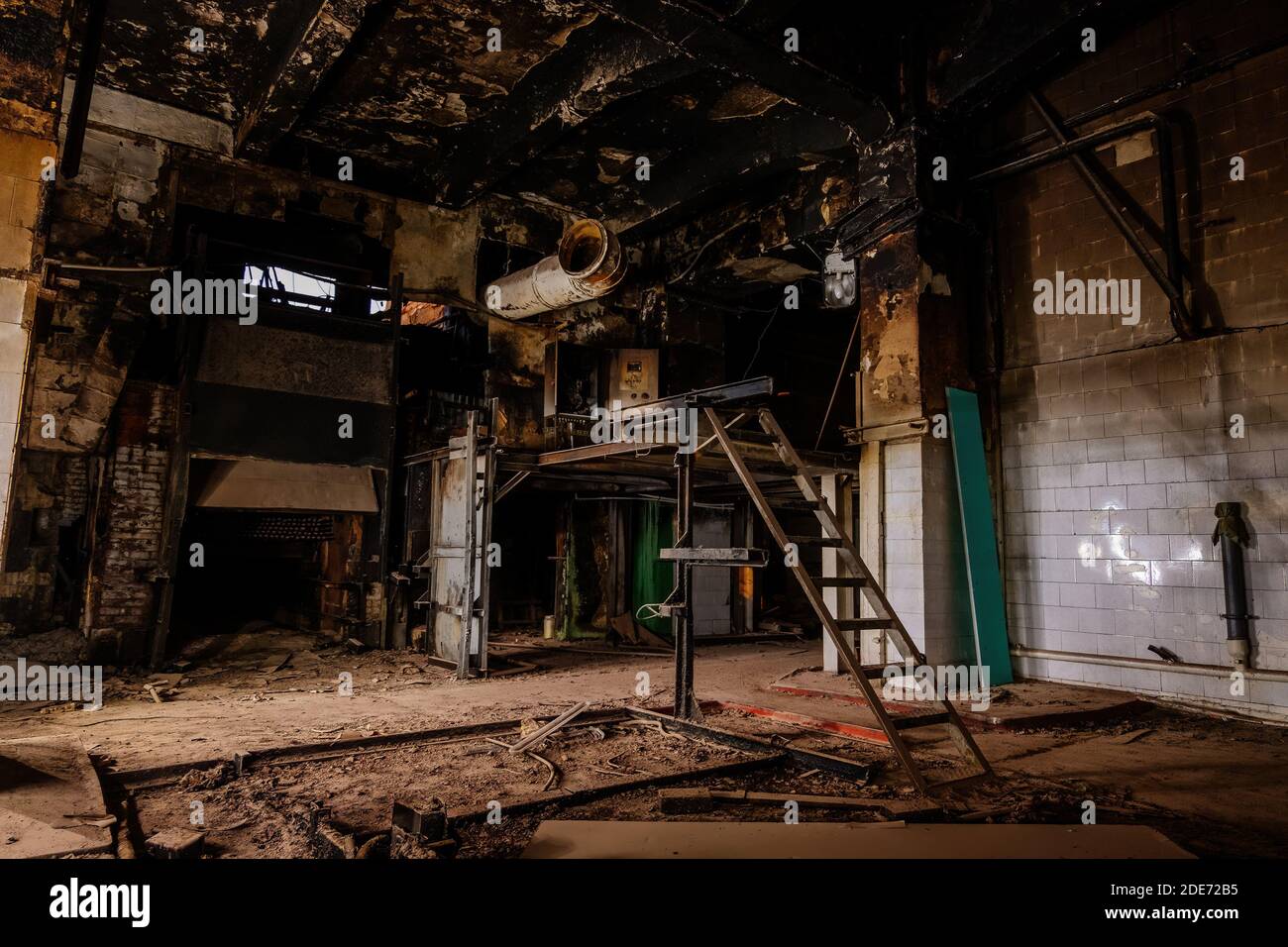 Burnt interior of industrial building or warehouse. Consequences of ...