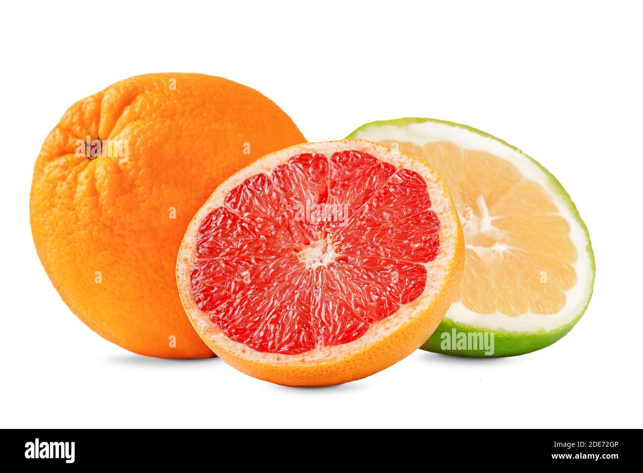 Composition of grapefruit, orange and sweetie fruits isolated on white ...