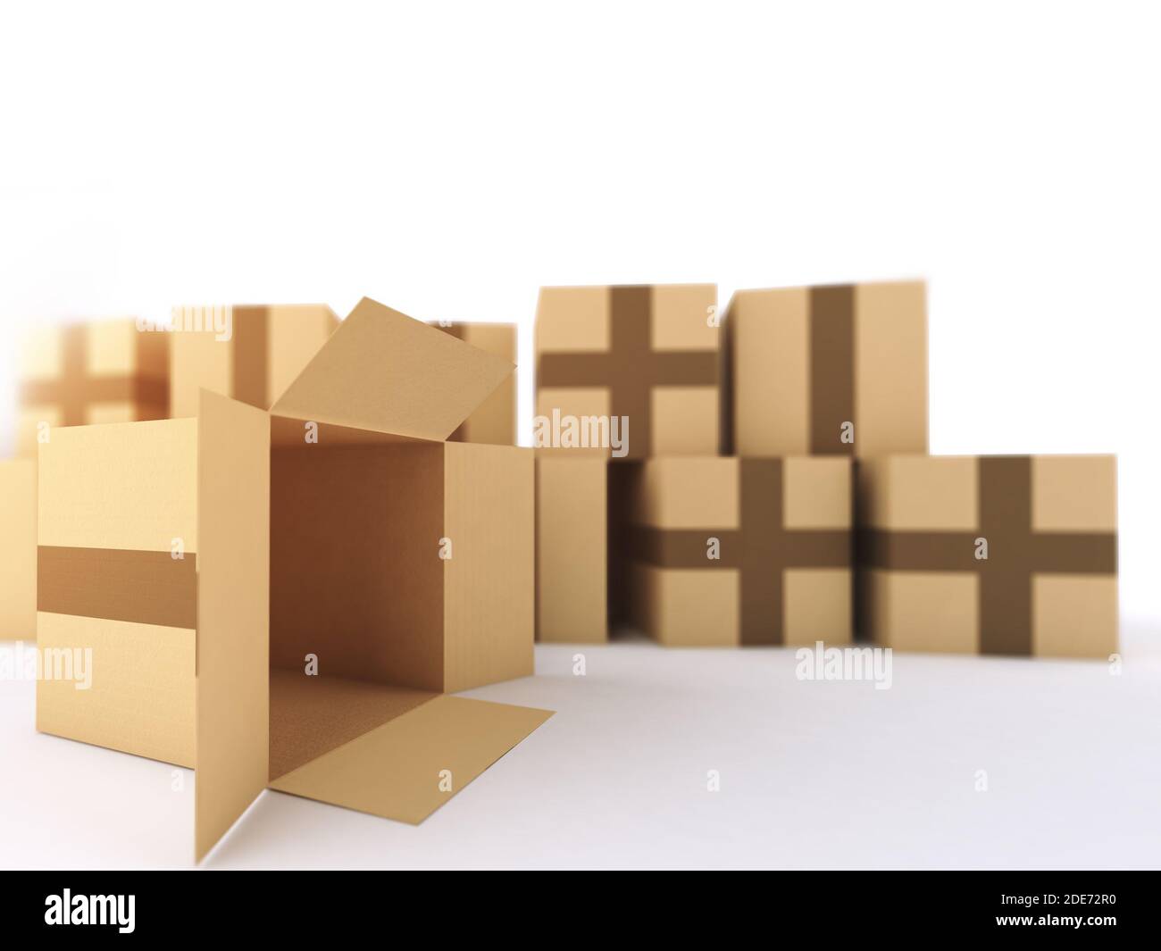 Opened delivery box with many boxes in the background Stock Photo - Alamy