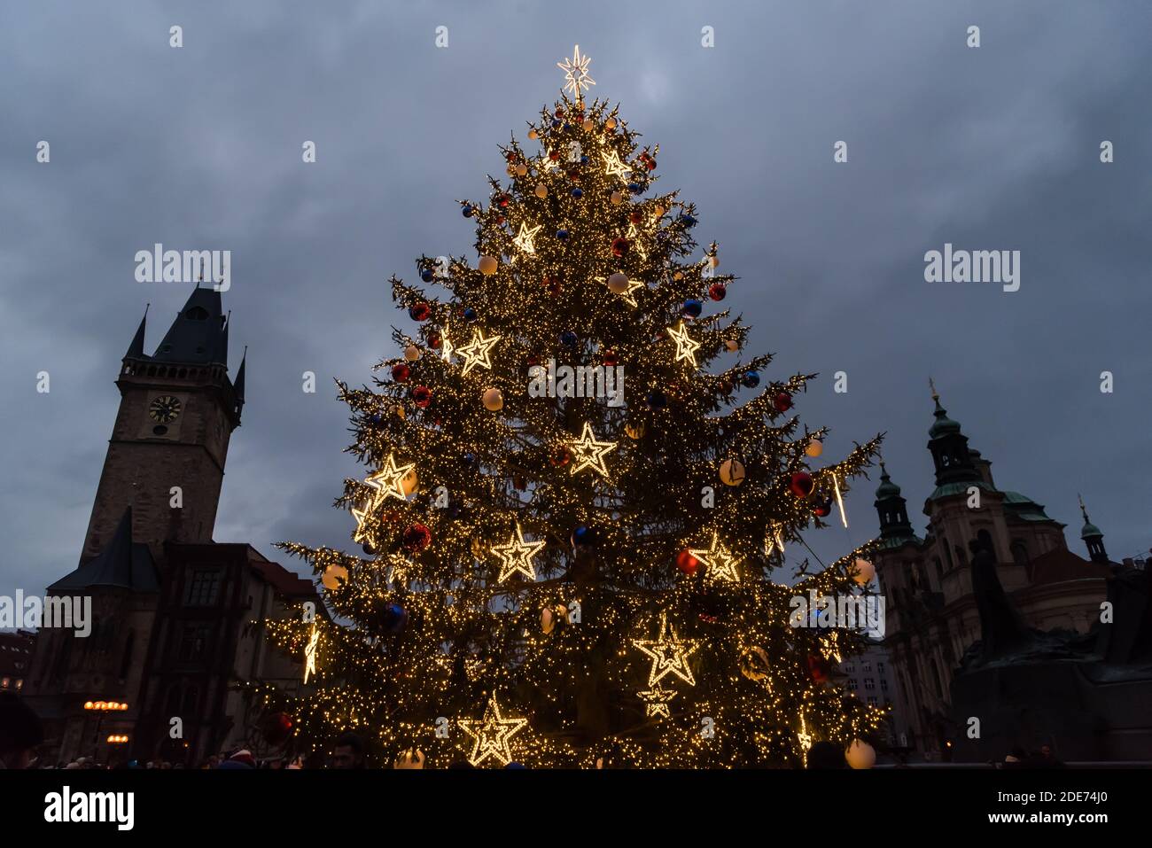 Illuminated Christmas tree seen at the Old town square in Prague ...
