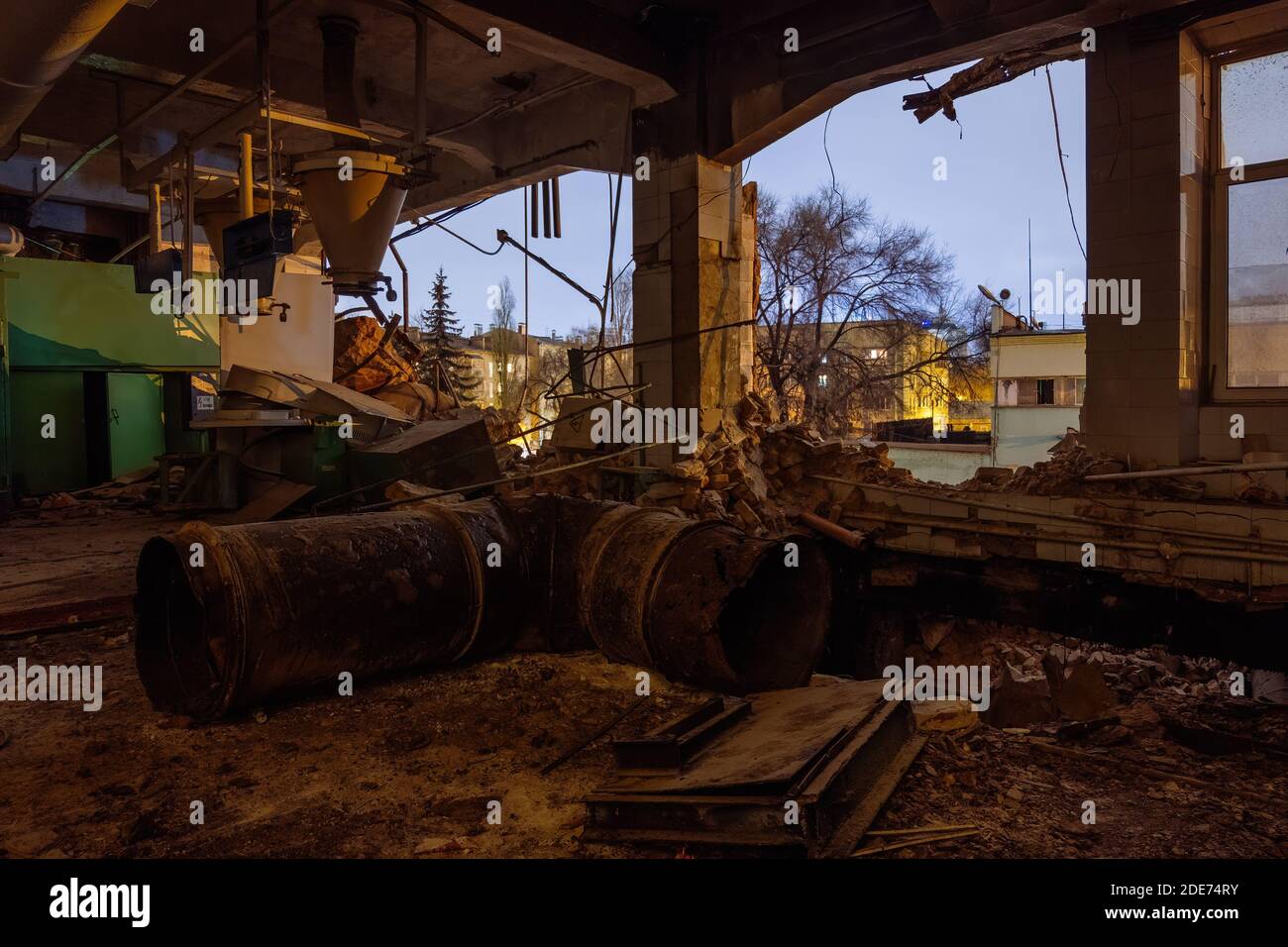 Ruined factory interior. Consequences of disaster, war or demolition ...
