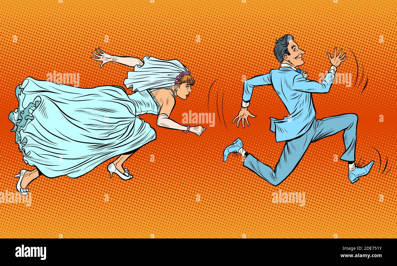 The groom runs away from the bride. A comical chase. Wedding Stock ...