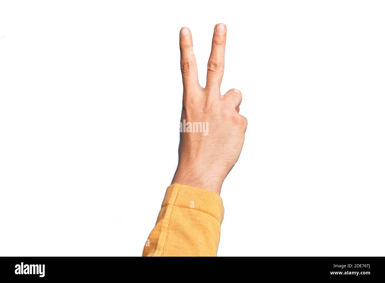Hand of caucasian young man showing fingers over isolated white ...