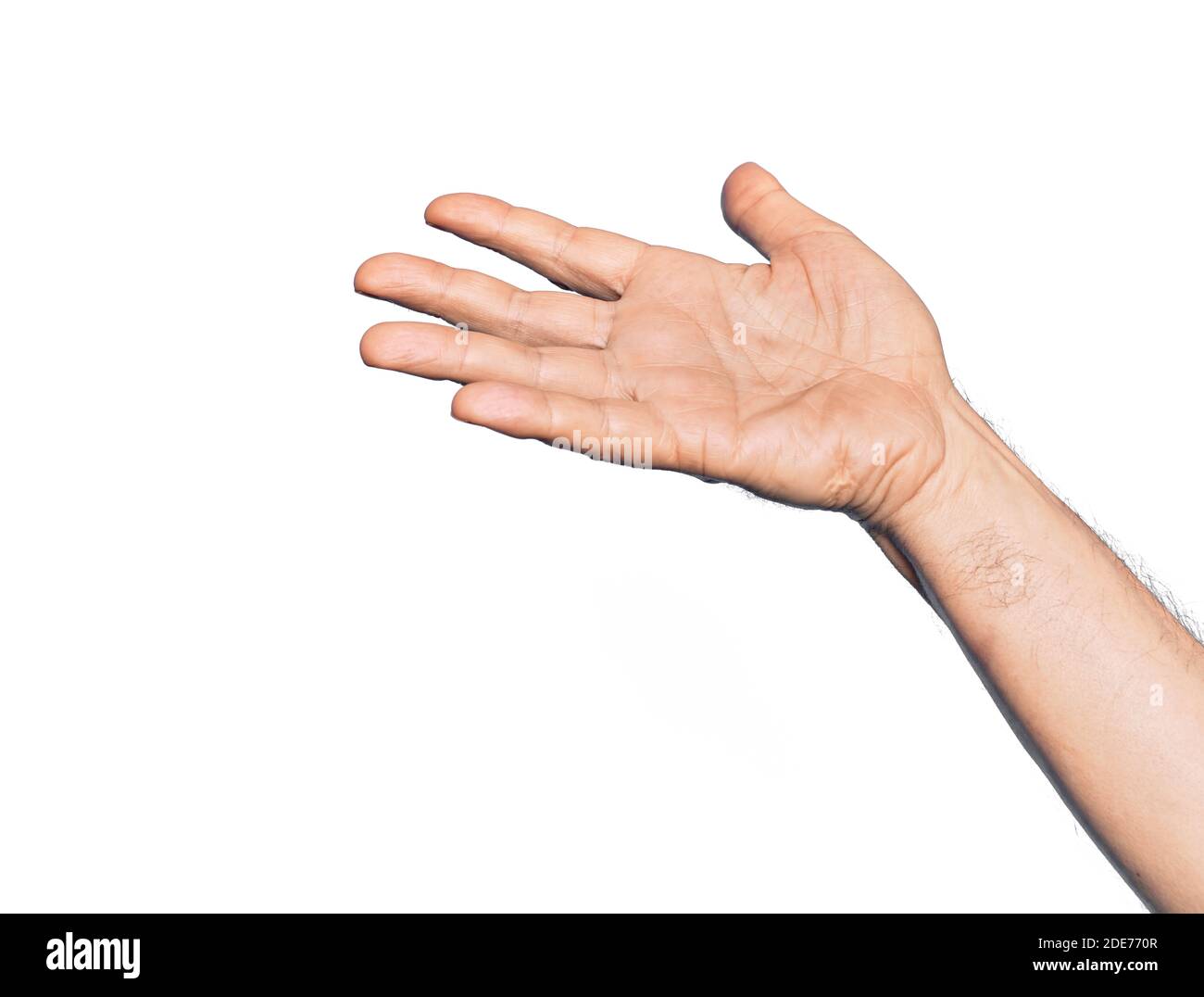 Hand of caucasian middle age man over isolated white background ...